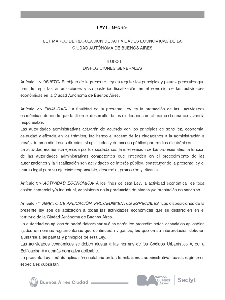 Ley 6101. Ley Marco de Regulación de Act. Económicas de CABA - 1 | PDF | Gobierno E | Accesibilidad