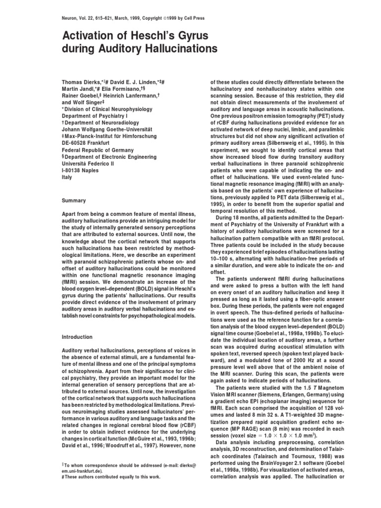 Activation of Heschl's Gyrus During Auditory Hallucinations. | PDF ...
