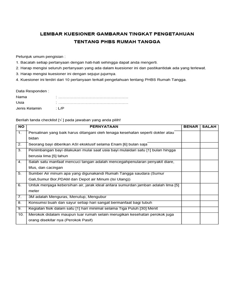 Lembar Kuesioner Gambaran Tingkat Pengetahuan | PDF