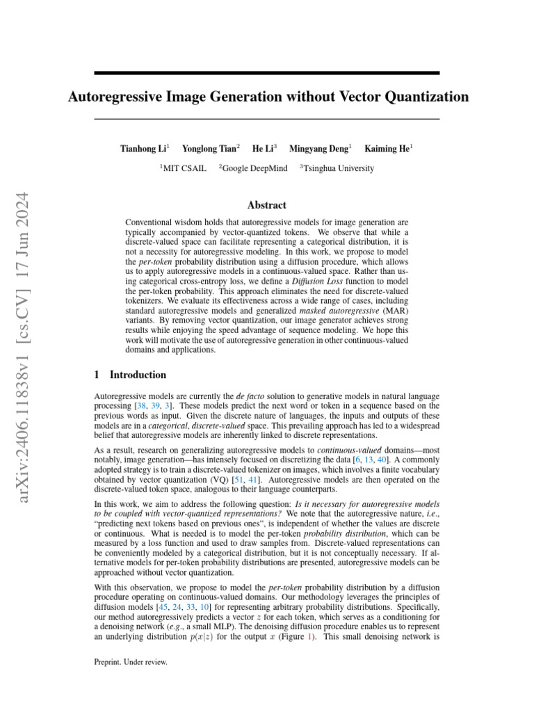 2024 - Autoregressive Image Generation Without Vector Quantization - Li Et Al | PDF ...
