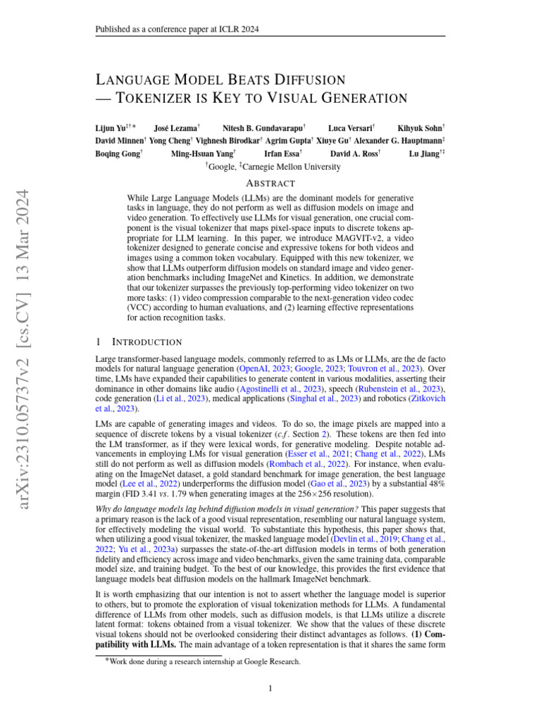2024 - Language Model Beats Diffusion - Tokenizer Is Key To Visual Generation - Yu Et Al | PDF ...