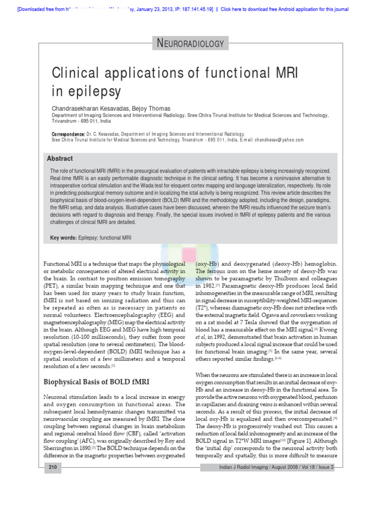 Clinical Applications of Functional MRI in Epilepsy. | PDF | Functional ...