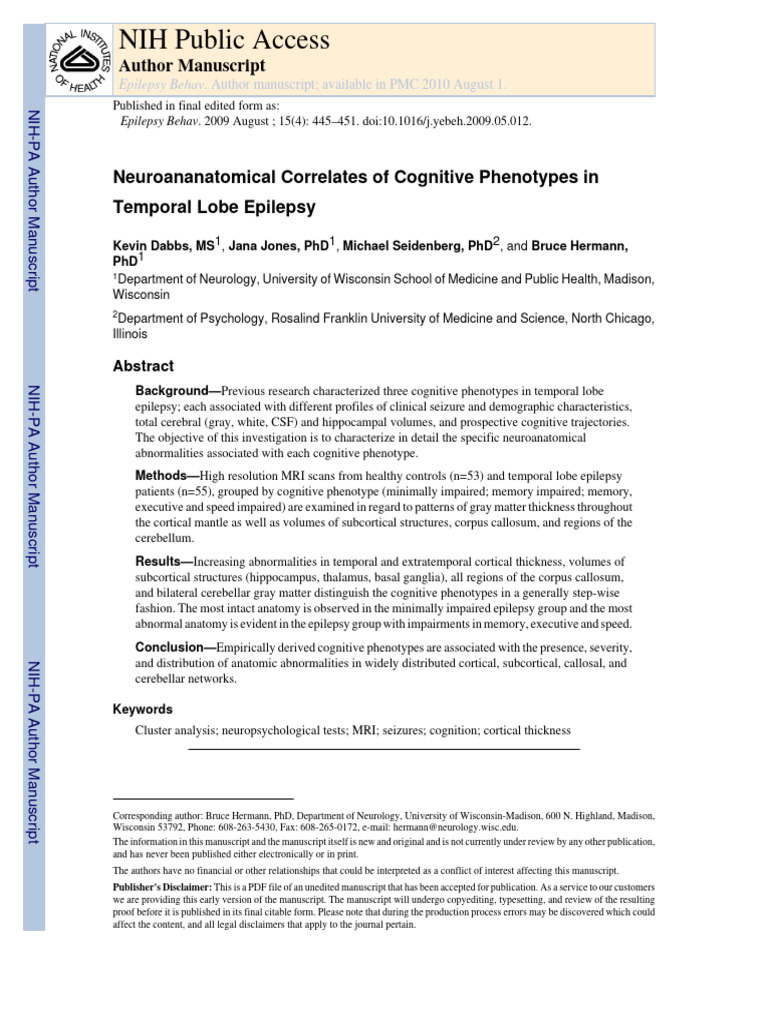 Neuroananatomical Correlates of Cognitive Phenotypes in Temporal Lobe ...