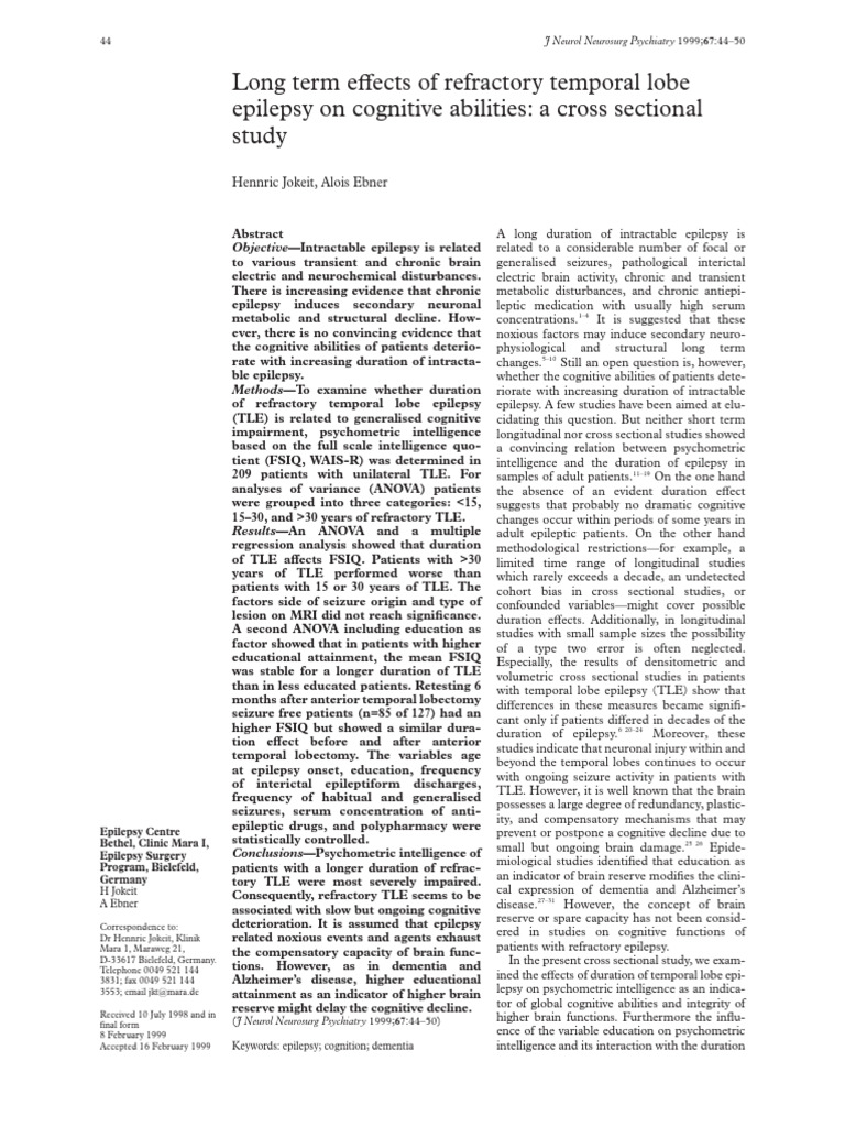 Long Term Effects of Refractory Temporal Lobe Epilepsy On Cognitive Abilities, A Cross Sectional ...