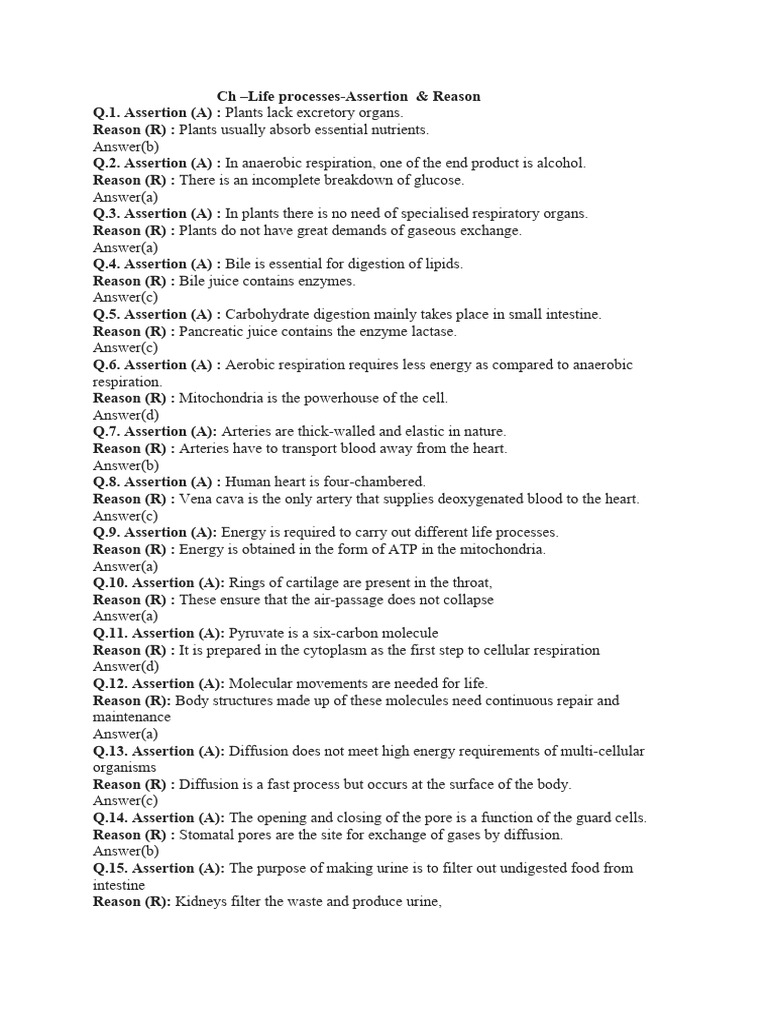Assertion & Reason - Life Processes | PDF | Digestion | Cellular Respiration
