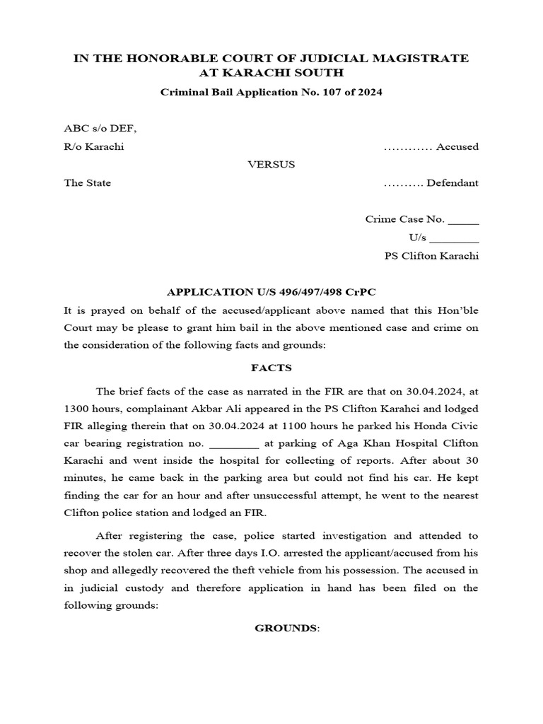 Bail Application Under Sections 496-498 CrPC | PDF | Bail | Government