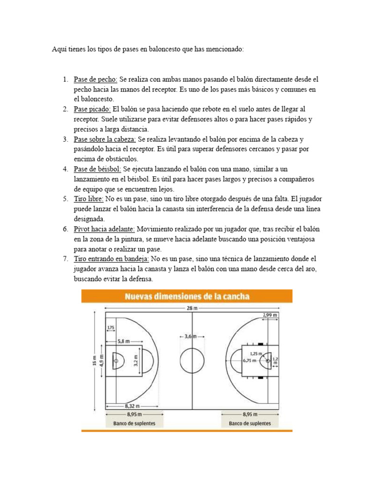 Aquí tienes los tipos de pases en baloncesto que has mencionado | PDF