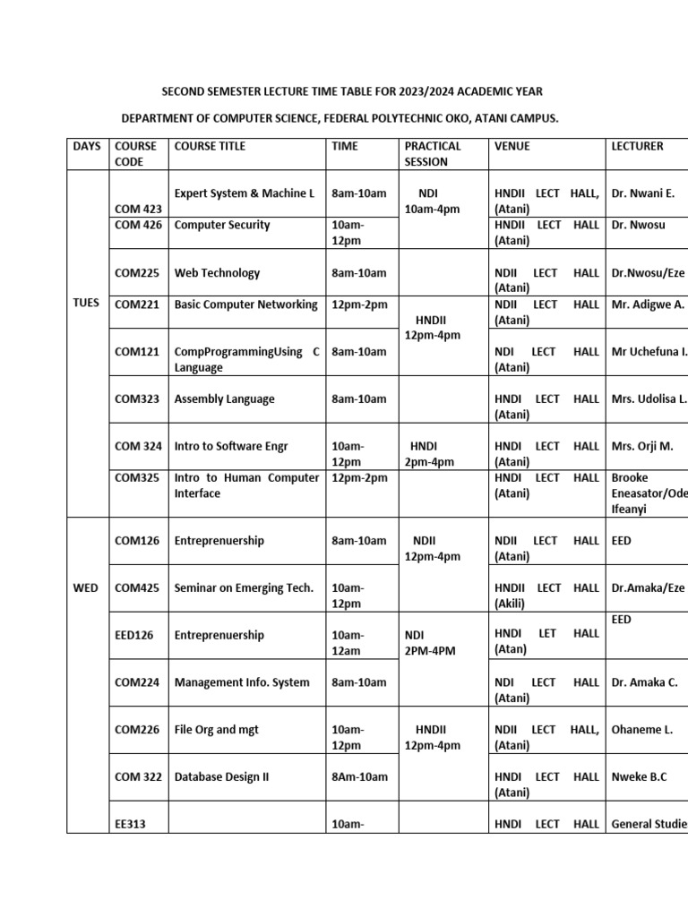 Corrected Second Semester Lecture Time Table | PDF | Software Engineering | Software