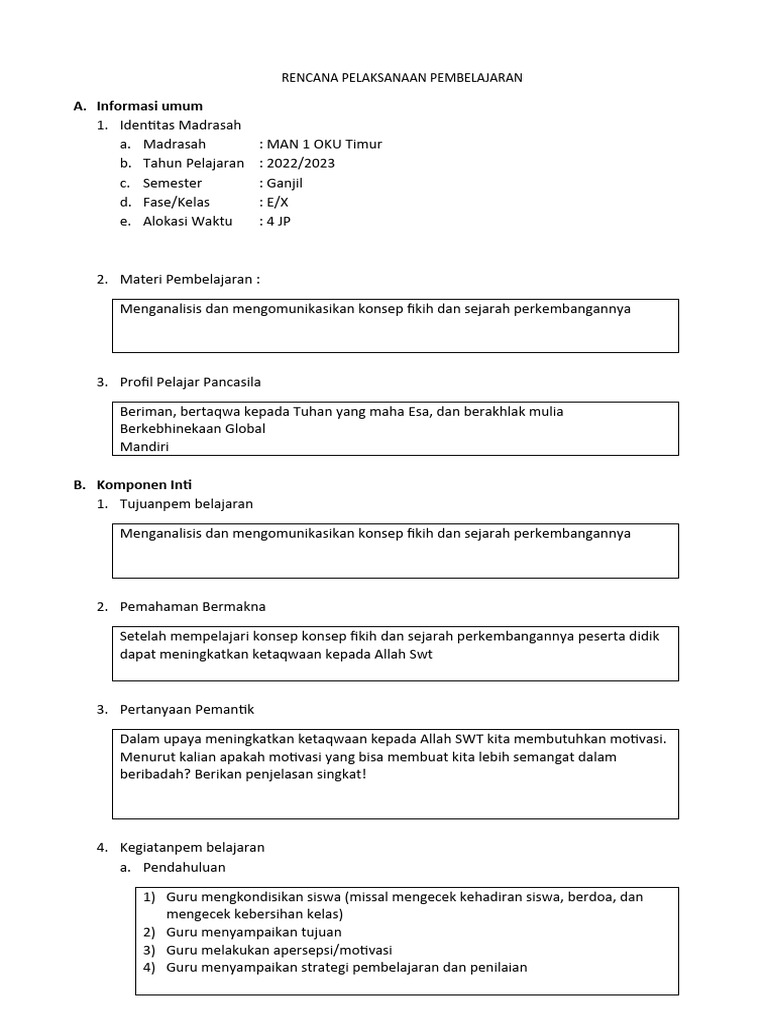 04a. RPP Kurikulum Merdeka Fiqih X Fiqih Dan Sejarah Perkembangnnya | PDF