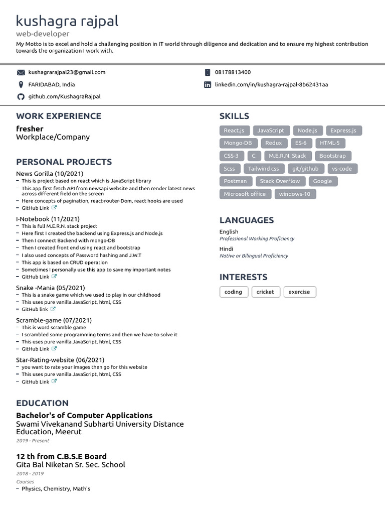kushagra's Resume | Download Free PDF | Java Script | Application Software