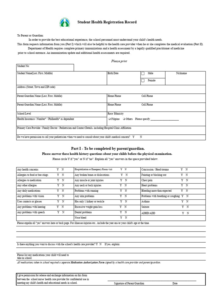 Student Health Registration Form - PDF - Update June - 2024 | PDF ...