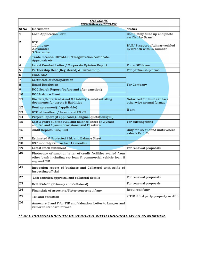 Sme Loan Checklist | PDF | Real Estate Appraisal | Balance Sheet