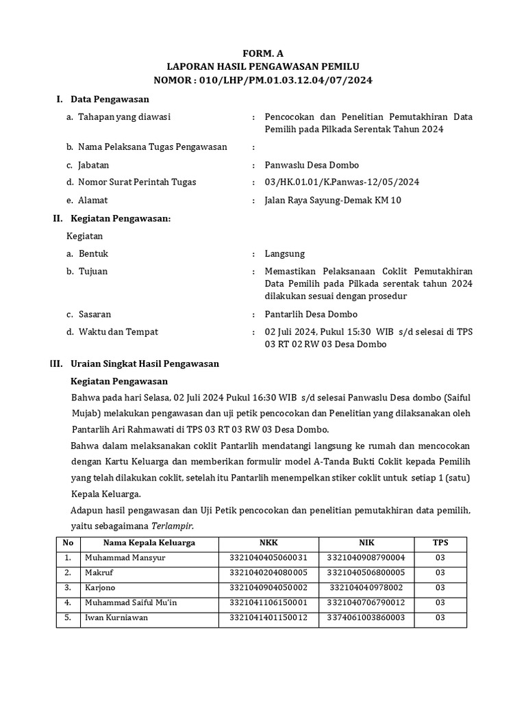 Form. A Pengawasan Dan Uji Petik | PDF