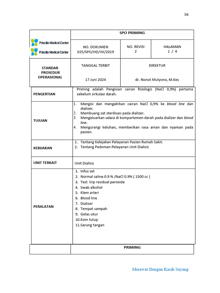 Prosedur Priming Dialisis Rumah Sakit | PDF | Griya & Taman