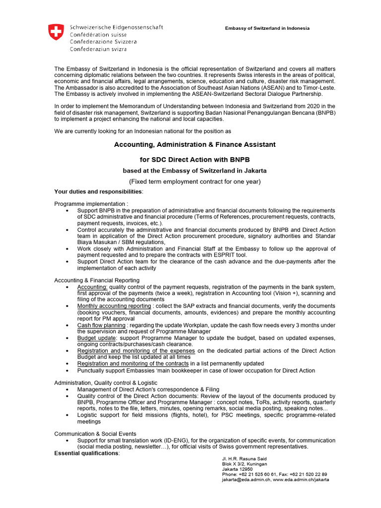Accounting Assistant Job at Swiss Embassy | PDF | Accounting | Risk ...