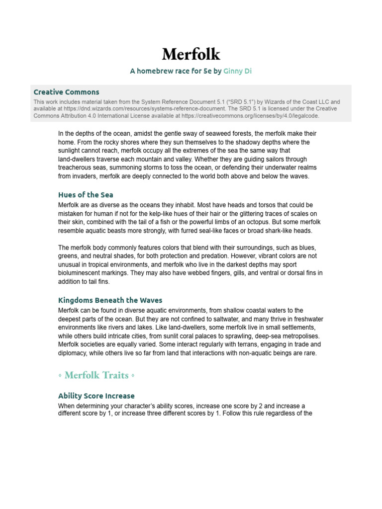 Merfolk - Race For 5e by Ginny Di | PDF | Mermaid | Sea