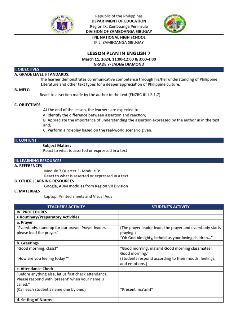 Assertions Detailed Lesson Plan | PDF | Learning | Communication