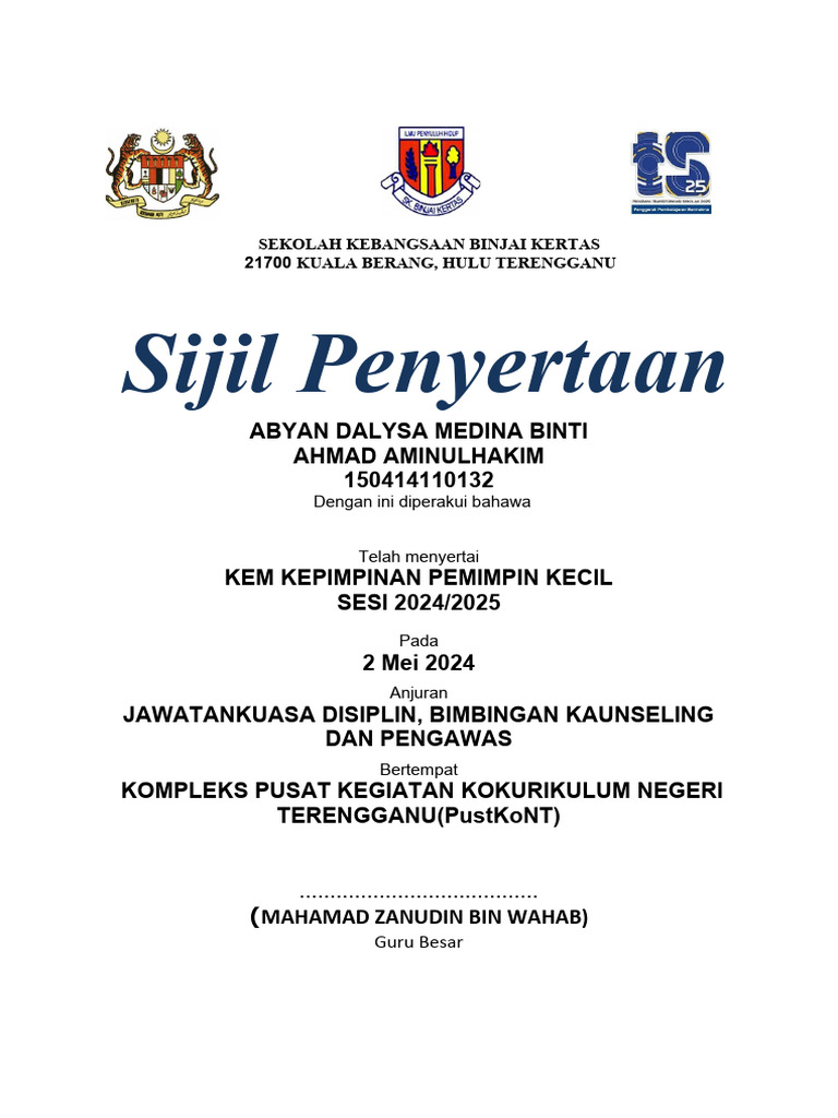 Sijil Kem Pengawas SK Binjai Kertas 2024 | PDF