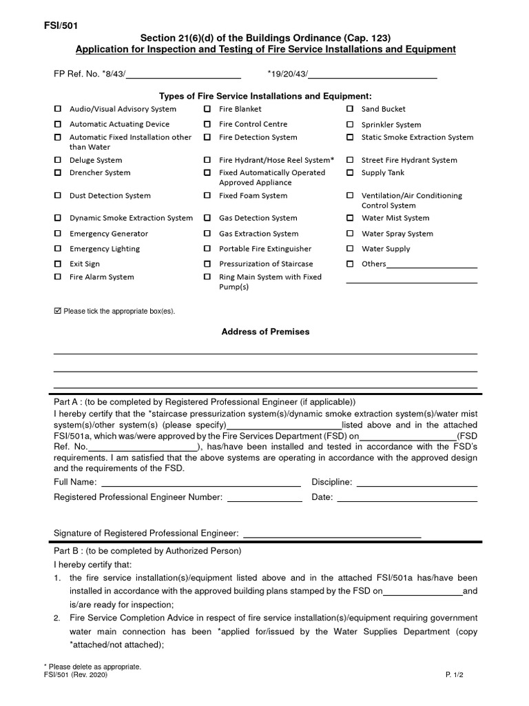 FSI 501消防装置及设备检验及测试申请书 | PDF | Fire Sprinkler System | Fires