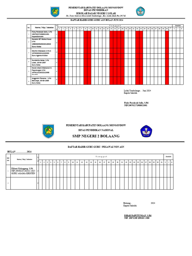 Daftar Hadir Guru SD dan SMP 2024 | PDF