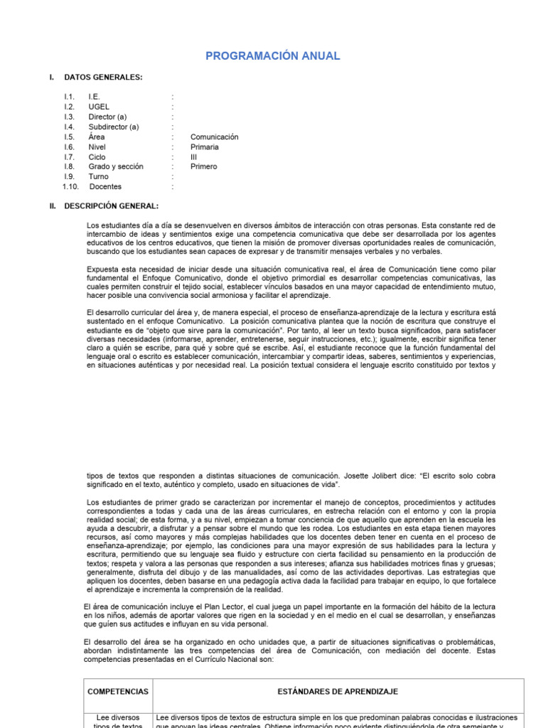 Programación Anual Comunicación Primer Grado 2024 | PDF | Aprendizaje | Comunicación