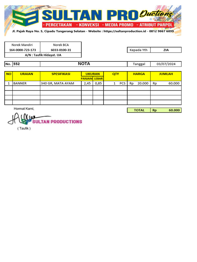 Nota - Spanduk Zia Padang | PDF