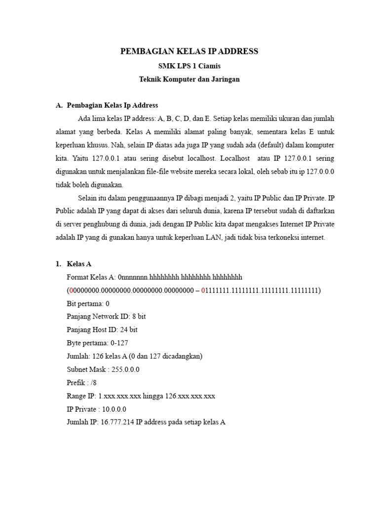 Pembagian Kelas Ip Address | PDF