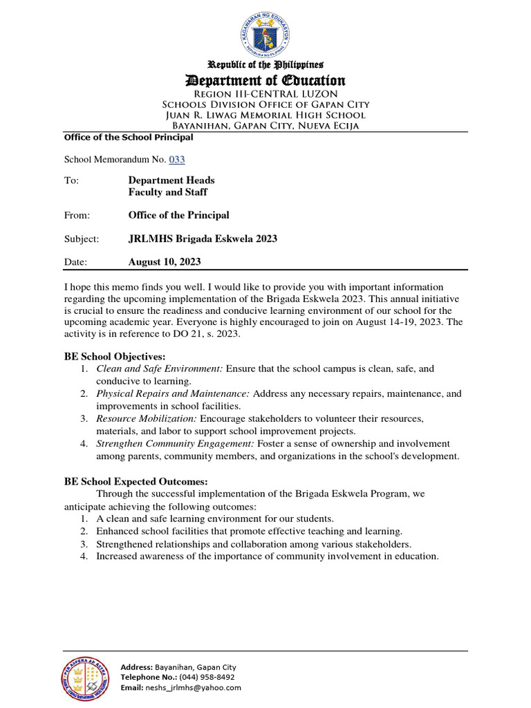 School Memo 33 S. 2023 - BE2023 | PDF