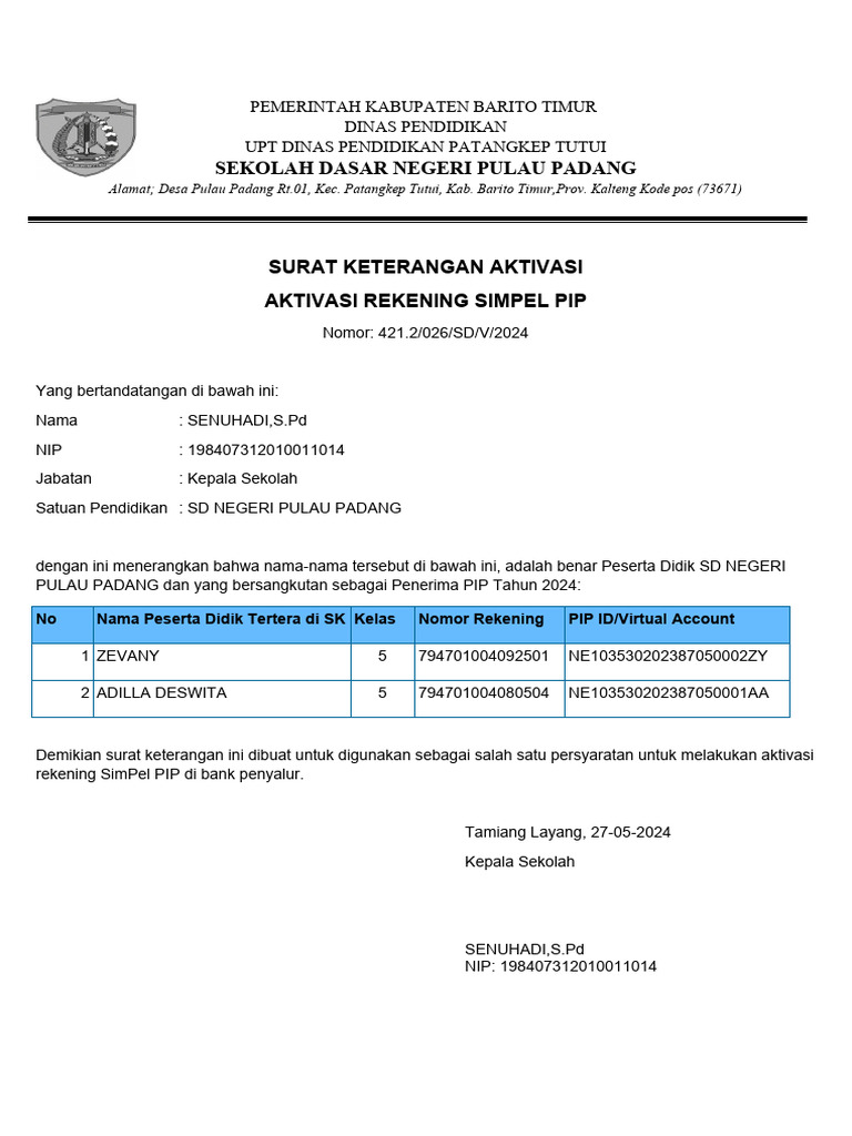Surat Keterangan Aktivasi PIP Nominasi Tahun 2024, SD NEGERI PULAU PADANG - 421.2_026_SD_V_2024 ...