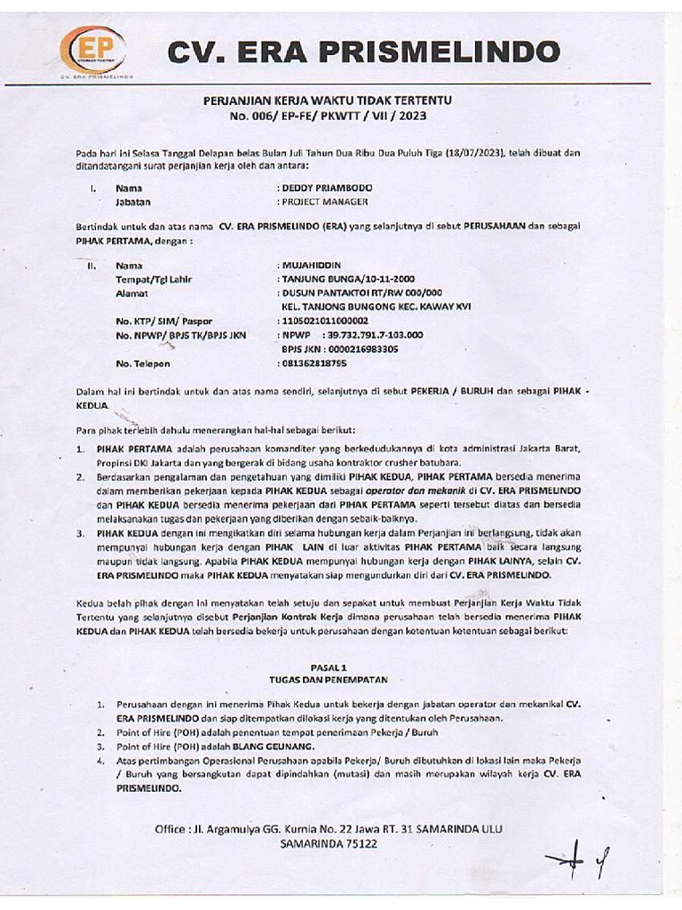 SPK Karyawan - MUJAHIDDIN (Helper Operator Crusher & Maintenance) | PDF
