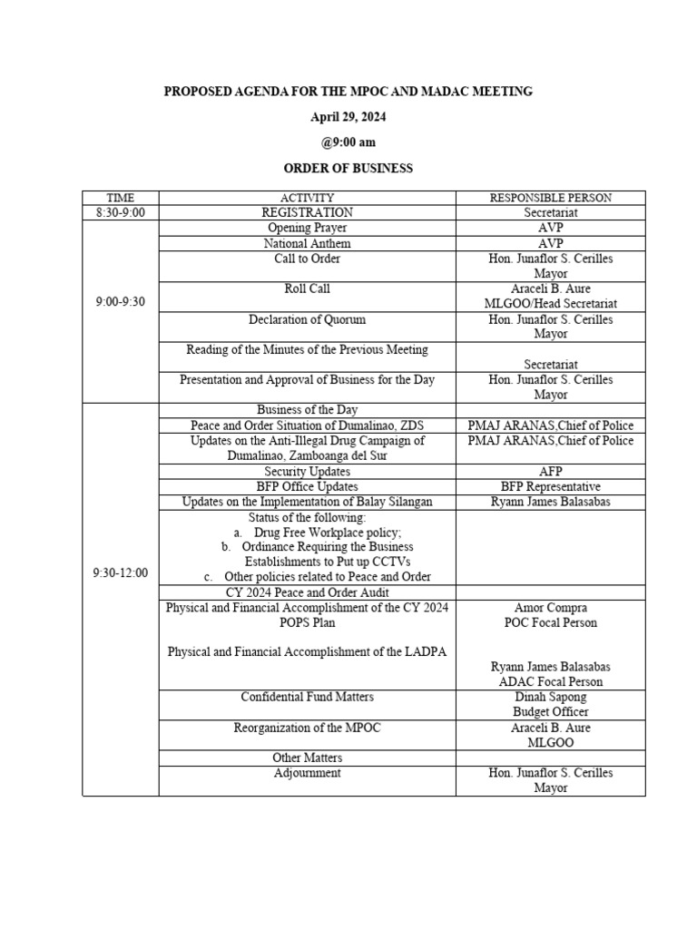 Proposed Agenda For The Mpoc and Madac Meeting | PDF | Government