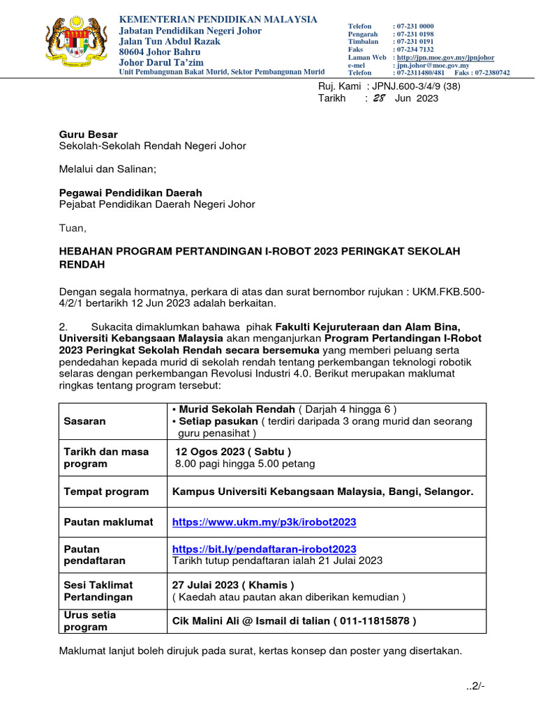 Surat Hebahan Program Pertandingan I Robot 2023 Peringkat Sekolah | PDF