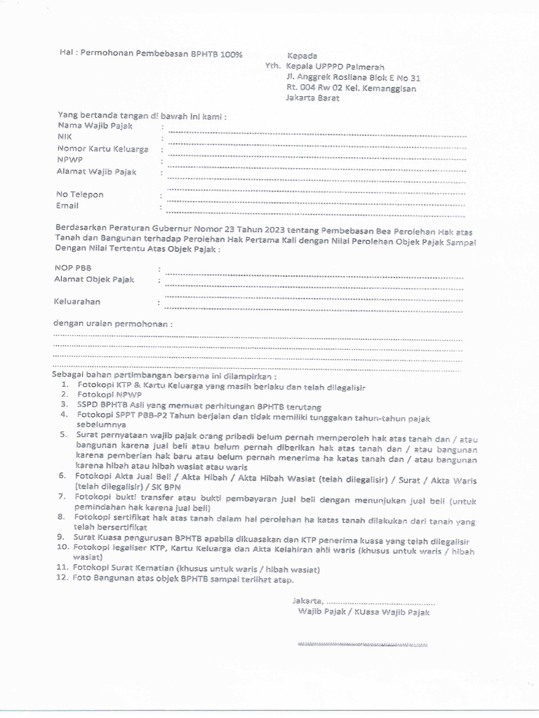 Form Permohonan BPHTB Nihil Palmerah | PDF