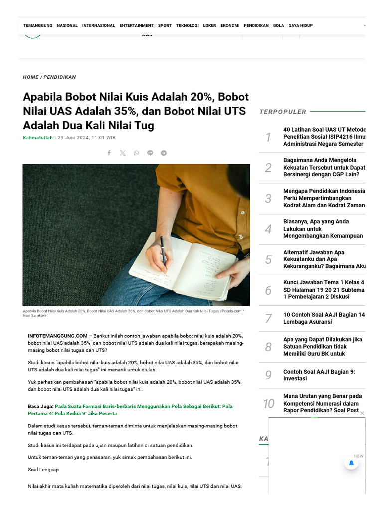 Apabila Bobot Nilai Kuis Adalah 20, dan Bobot Nilai UTS Adalah Dua Kali Nilai Tug - Info ...