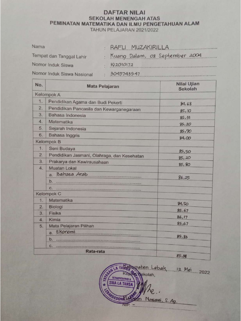 Daftar Nilai Rafli | PDF