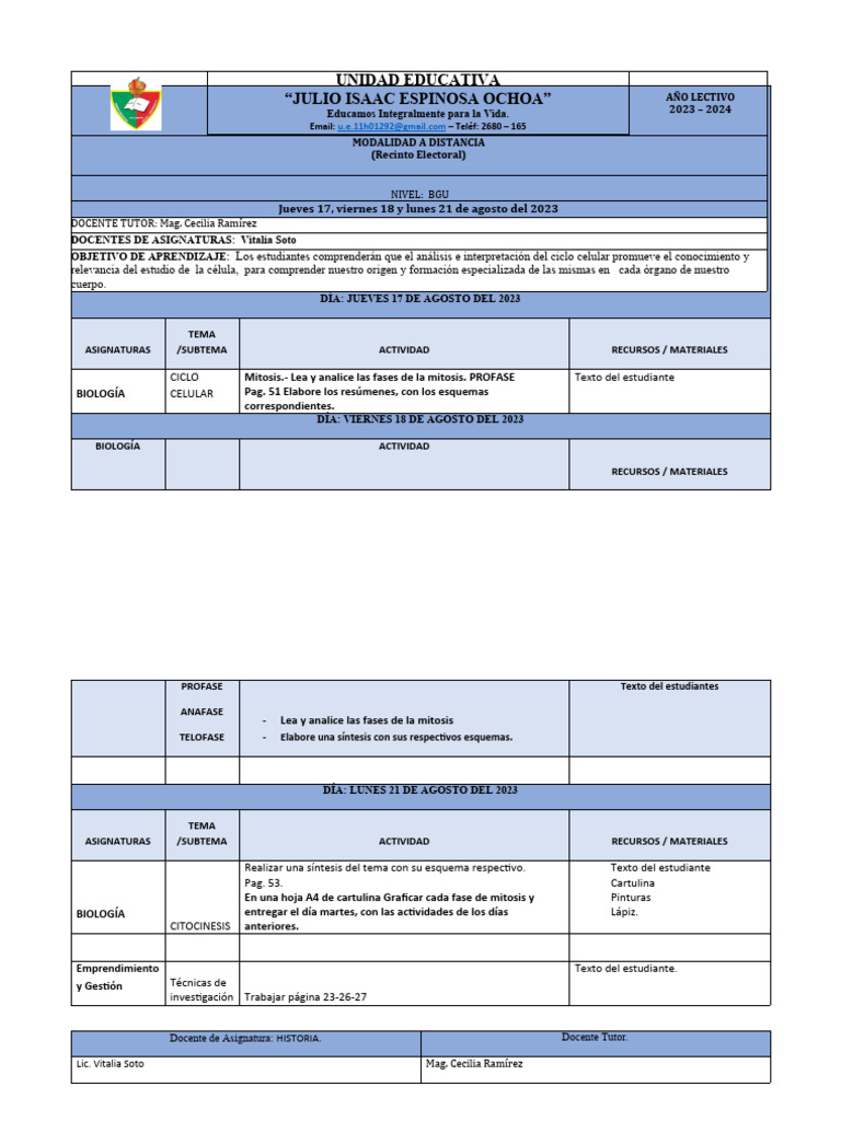 Planificación M.Distancia 2do BGU-B | PDF | Mitosis | Biología