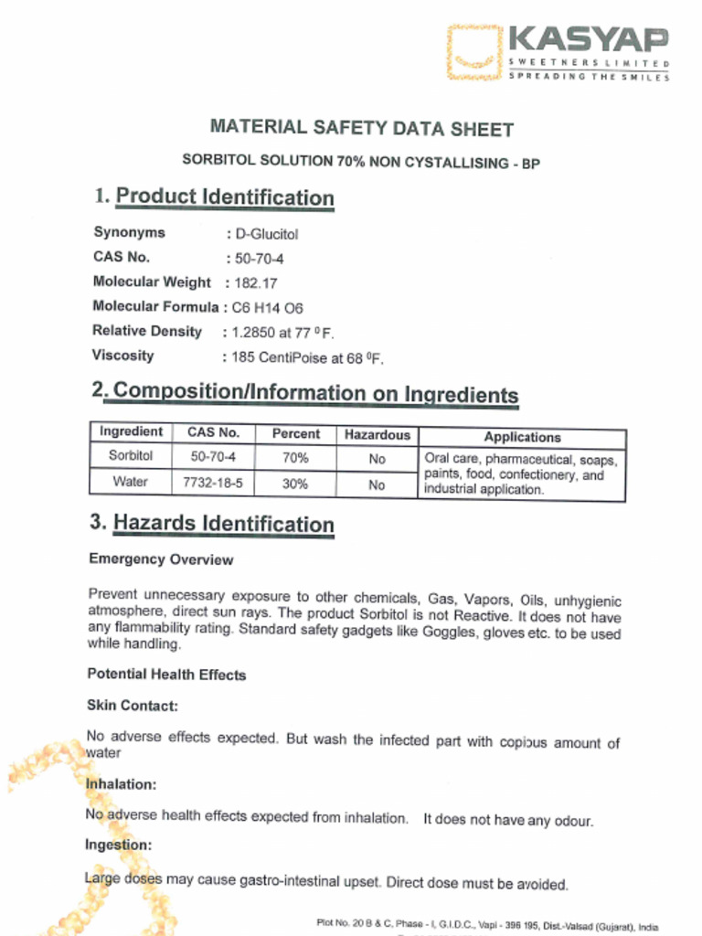 Msds - Sorbitol Solution - 70% | PDF
