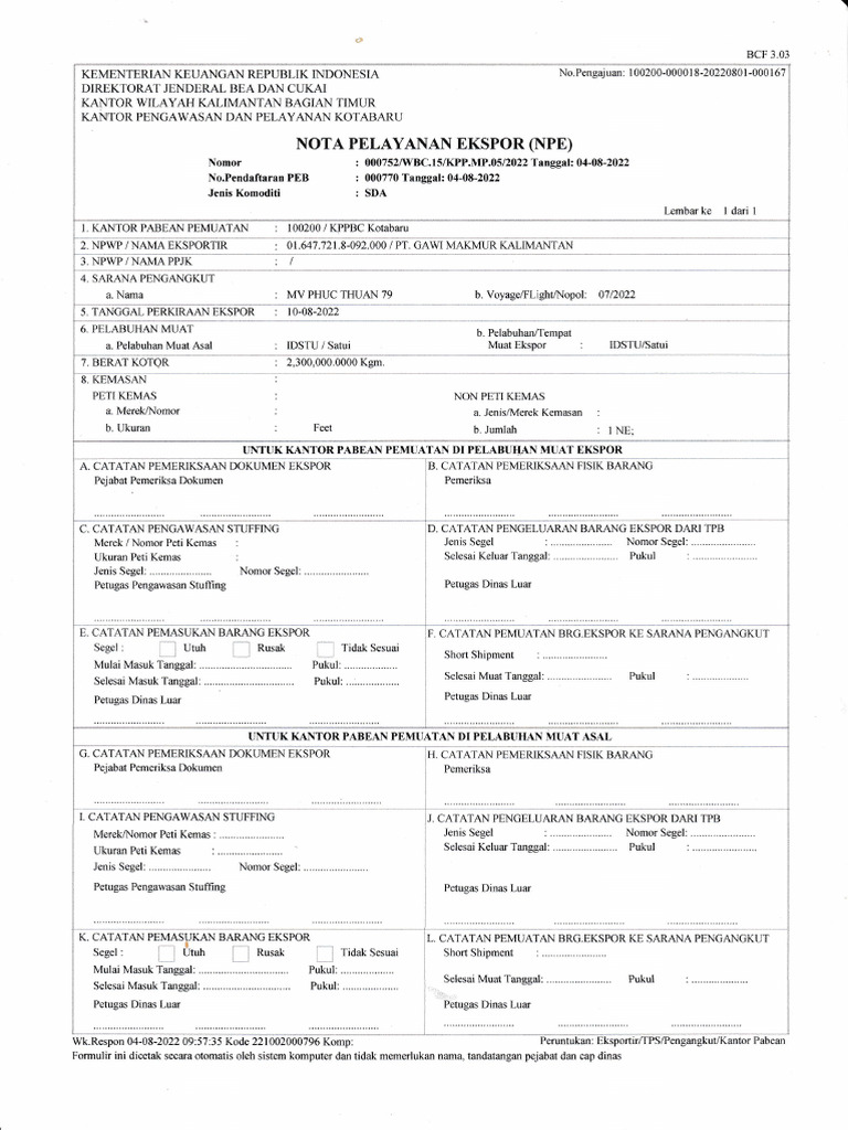 Npe MV Phuc Thuan 79 Pke 2300 MT Aug 2022 | PDF