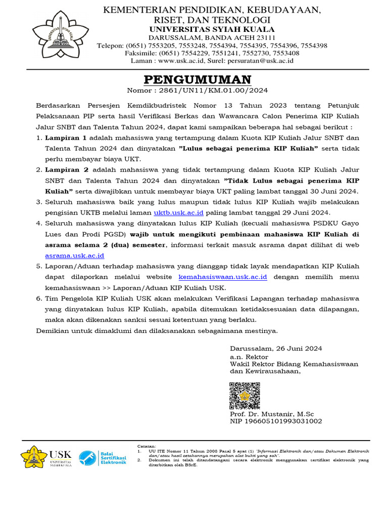 Pengumuman Hasil Verifikasi Berkas Dan Wawancara KIP-K Jalur SNBT & Talenta Tahun 2024 | PDF