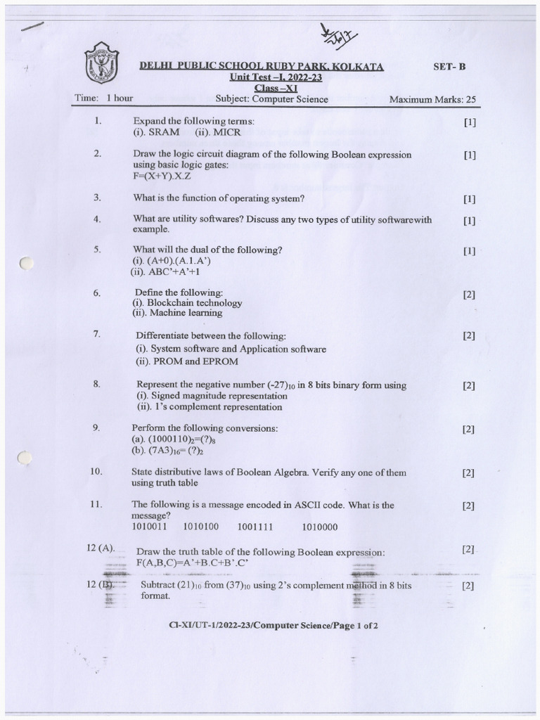 CL 11 Unit Test1 Comp Science 2022-23 | PDF