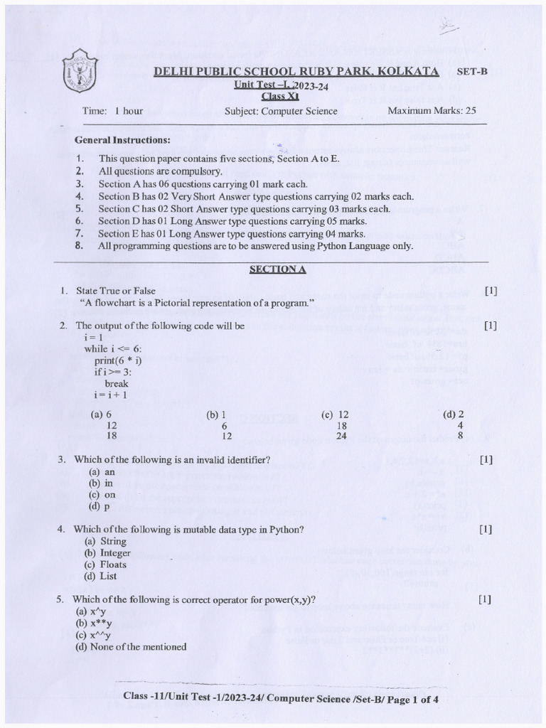 CL XI Unit Test1 Computer Science 2023-24 | PDF