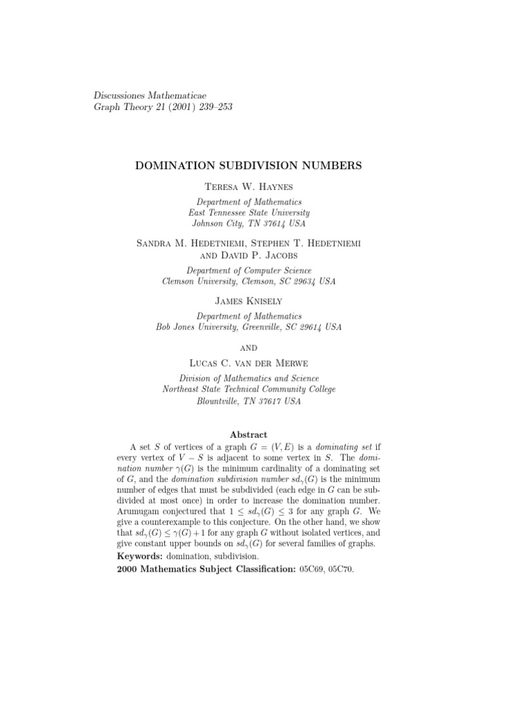 Domination Subdivision Numbers | PDF | Vertex (Graph Theory) | Discrete ...