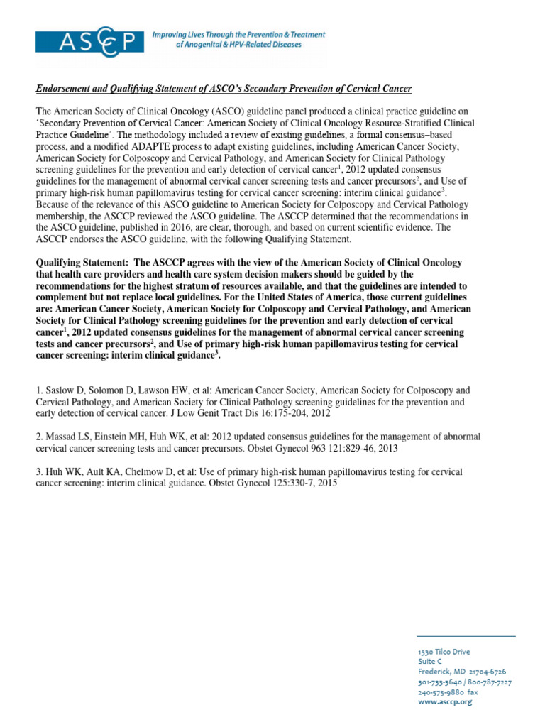 ASCCP Endorses ASCO Cervical Cancer Guidelines | PDF | Cervical Cancer ...