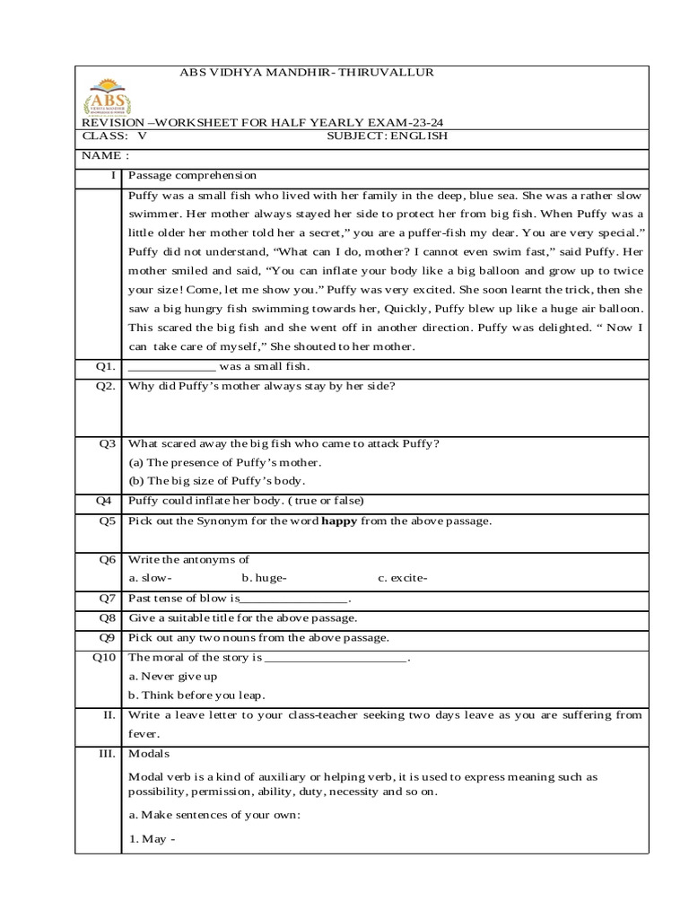 Eng Half Yearly Worksheet (2023-2024, General) | PDF | Verb | Semantics