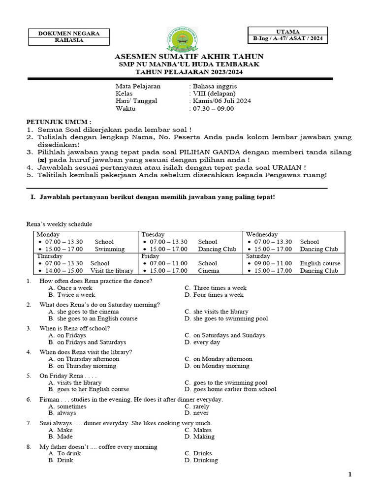 Soal ASAT MTK 7 | PDF | Toilet