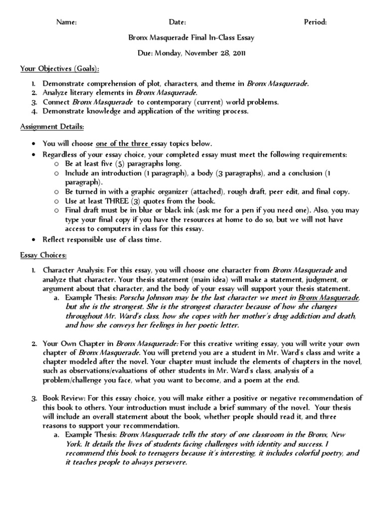 Bronx Masquerade Essay Assignment | PDF | Essays | Thesis