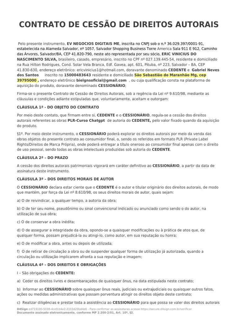 Contrato De Cesso De Direitos Autorais D4sign Download Grátis Pdf