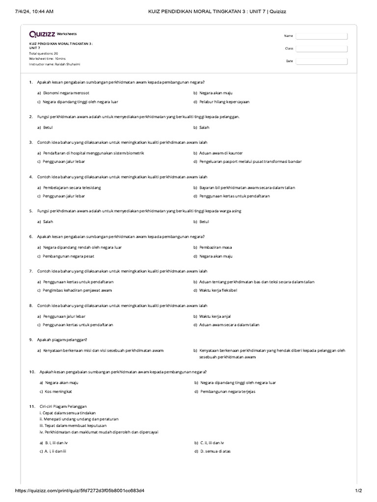 Kuiz Pendidikan Moral Tingkatan 3 - Unit 7 | PDF