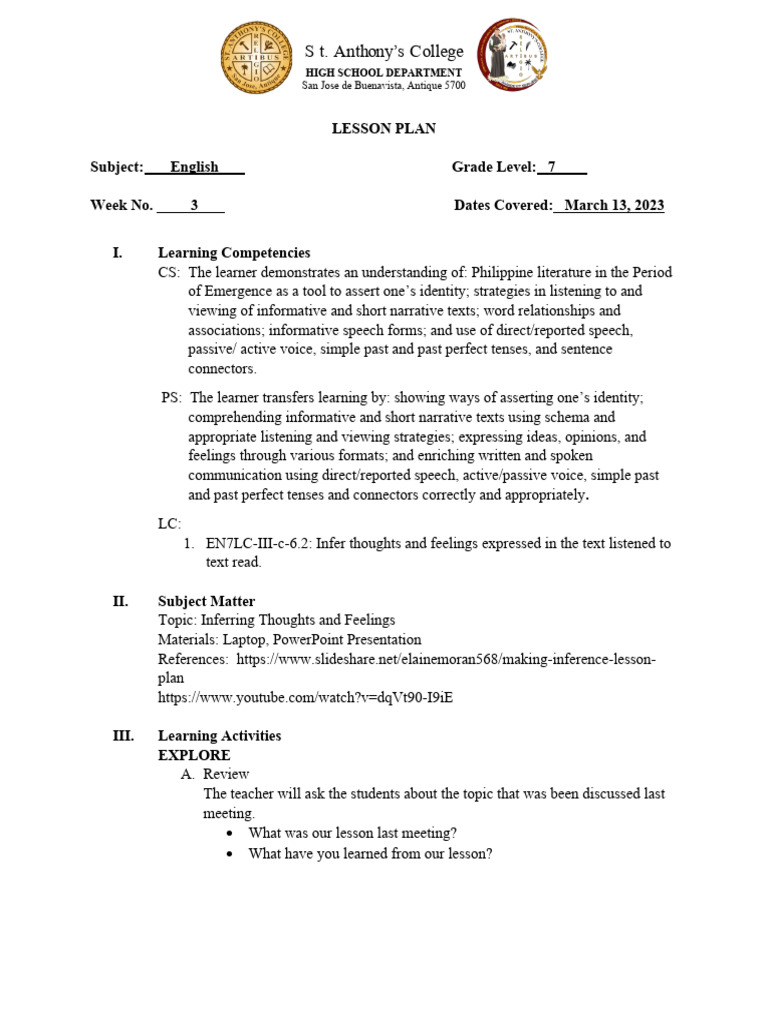 Inferring Emotions in Grade 7 English | PDF | Feeling | Thought