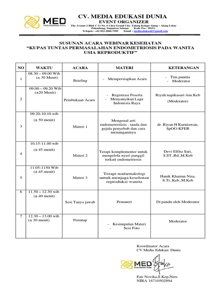 SUSUNAN ACARA KEGIATAN WEBINAR KESEHATAN binhus Maret 2024 | PDF